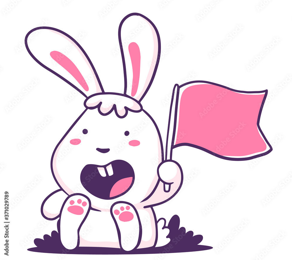 Vector illustration of lovely cartoon white rabbit holding flag. Happy ...
