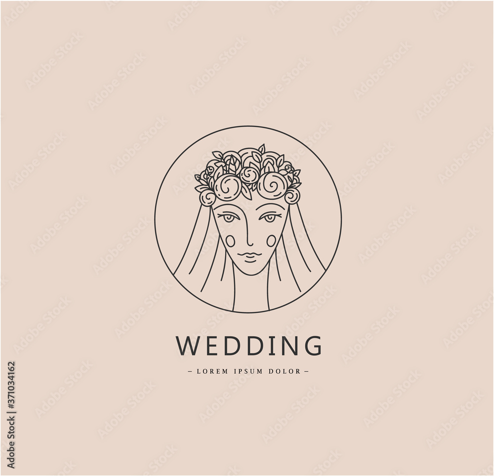 Vector woman face logo, bride, wedding linear minimal sign. Beauty ...