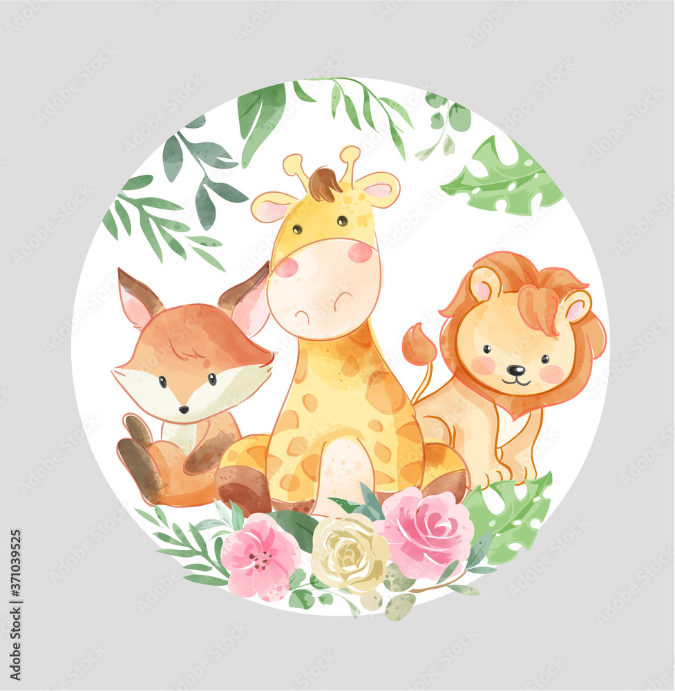 Cartoon Animals with Colorful Flowers in Circle Illustration Stock ...
