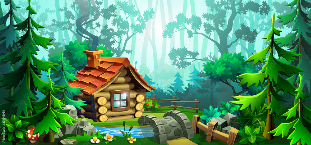 Wooden house in the forest. Scene with deciduous trees, firs, river ...
