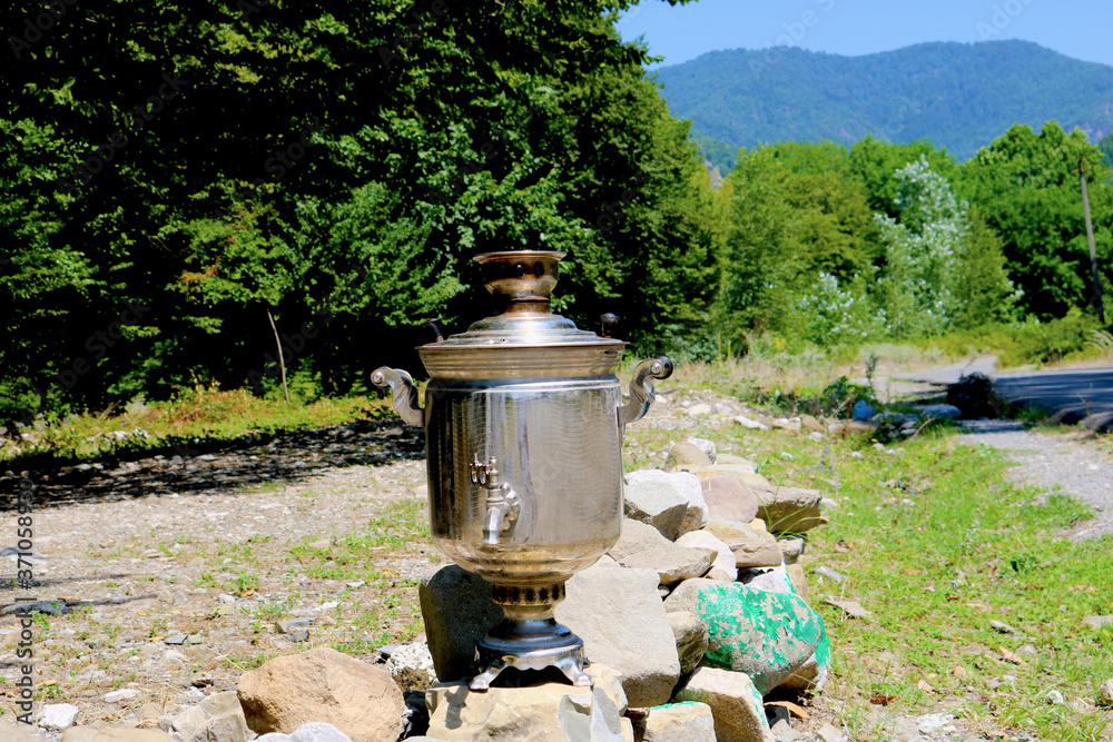 Vintage metal copper tea samovar. Samovar side view. Retro soot grunge ...