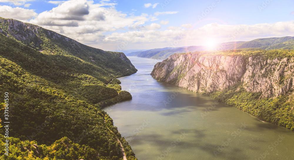 Danube river gorge, looking from peak, amazing nature landscape, summer ...