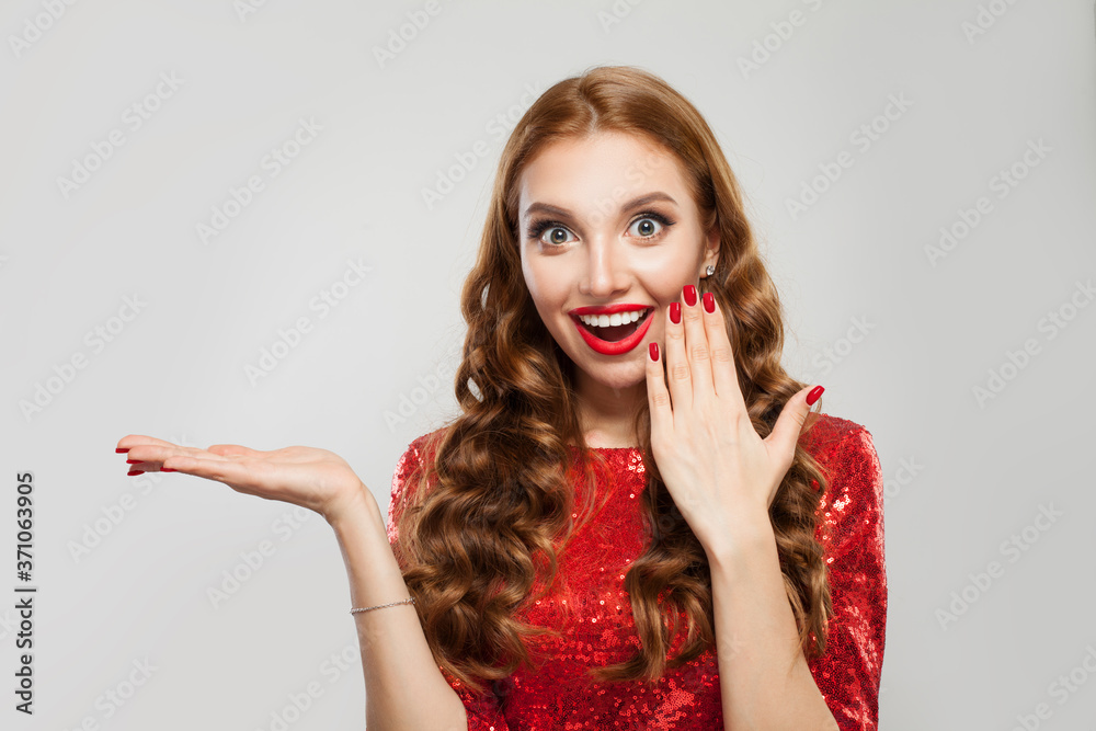 Beautiful surprised shocked woman model with red lips makeup and ...