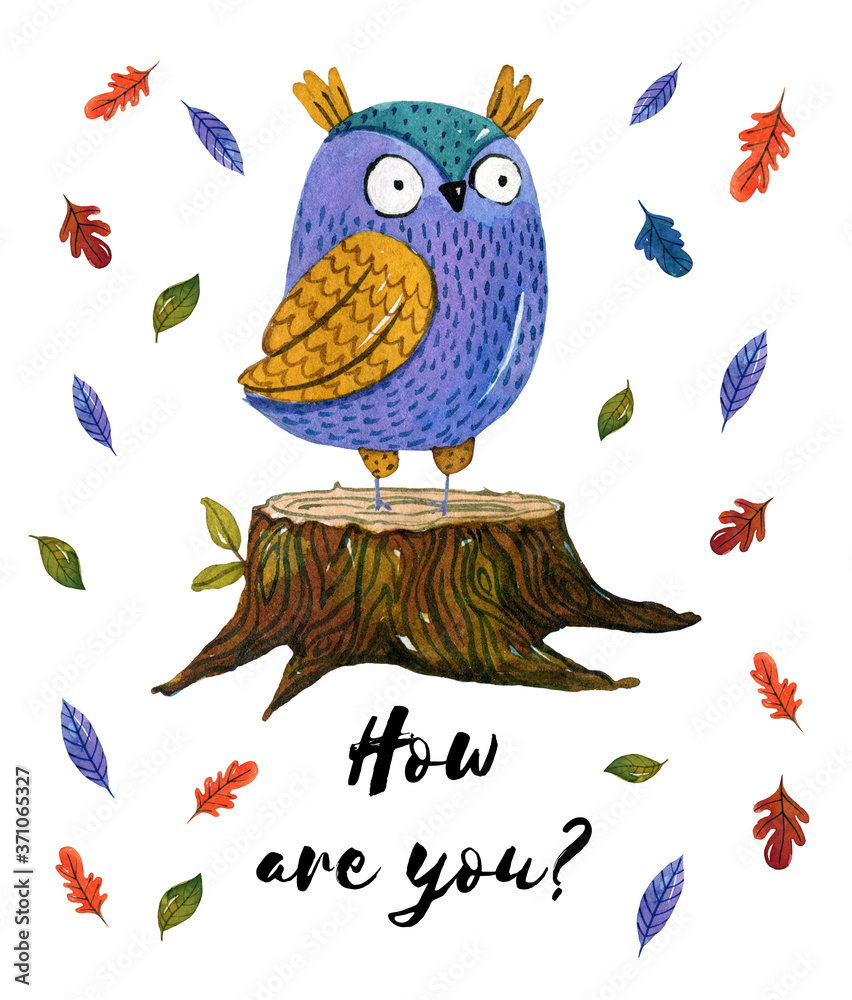 Watercolor postcard with a cute owl, what to stays on the stub and ...