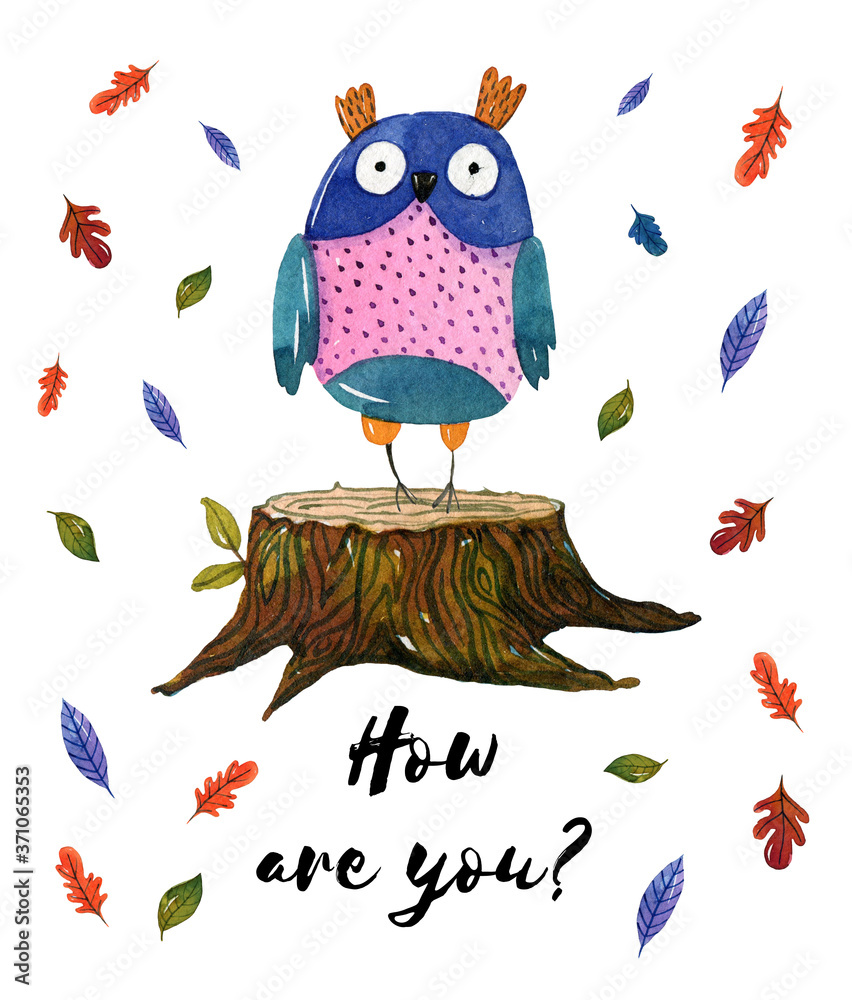 Watercolor postcard with a cute owl, what to stays on the stub and ...