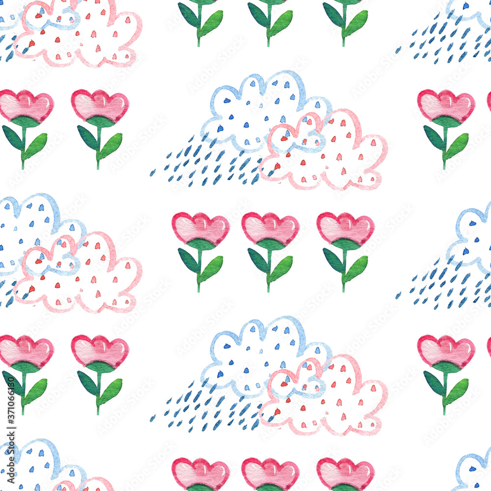 Watercolor hand painting pattern with ф simple silhouette of clouds ...
