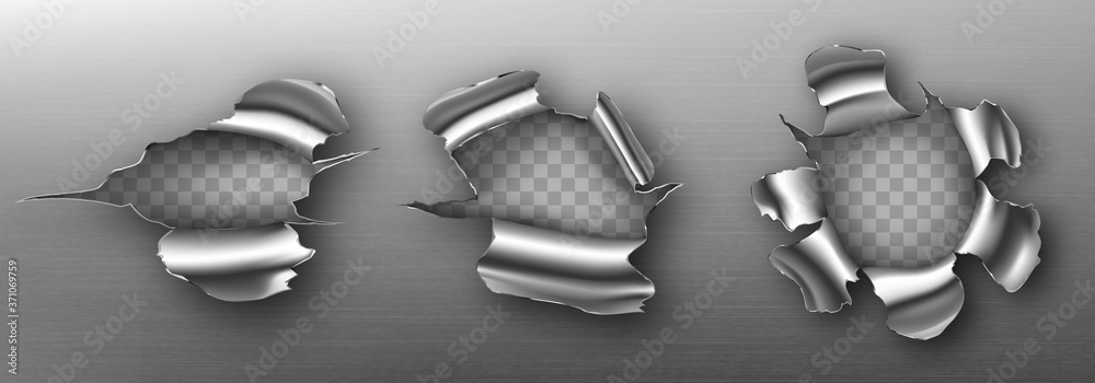 Metal rip holes with curly edges, ragged cracks, cut damage on steel ...