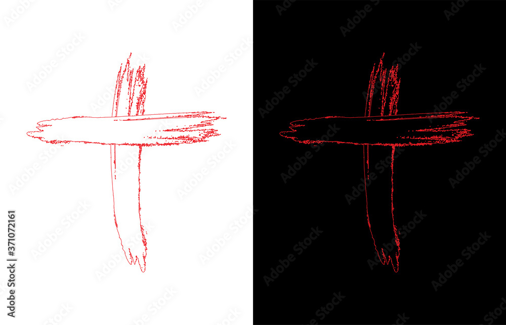 Hand drawn black and red grunge cross icon, simple Christian cross sign ...