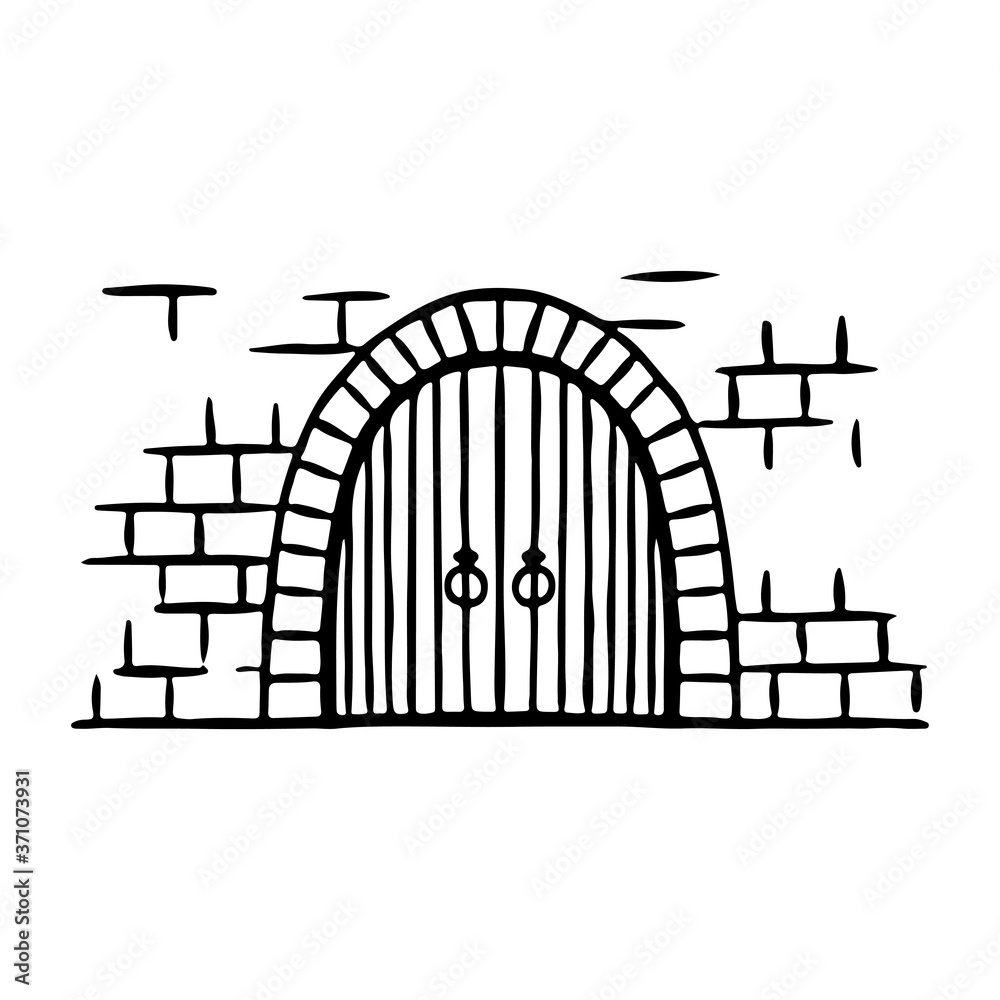 Fortress gate icon. Linear sketch drawing. Front view. Black contour ...