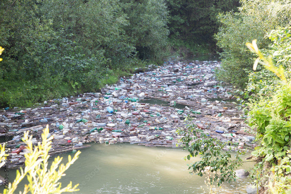 river flooded with plastic pollution background Stock Photo | Adobe Stock