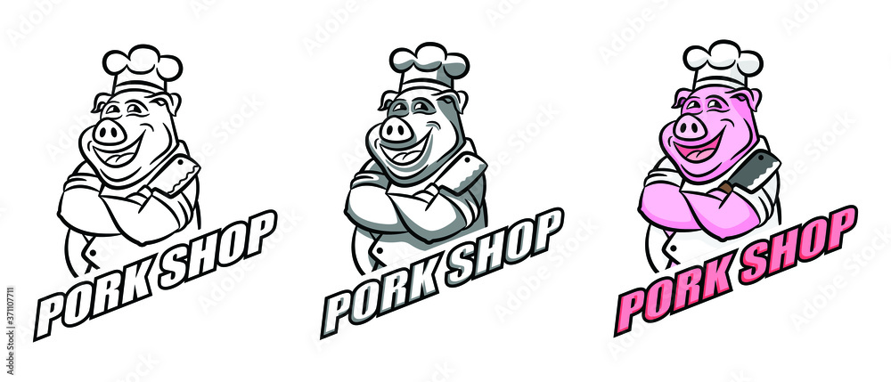 Collection of pig with knife in chef suit drawing style and simple text ...
