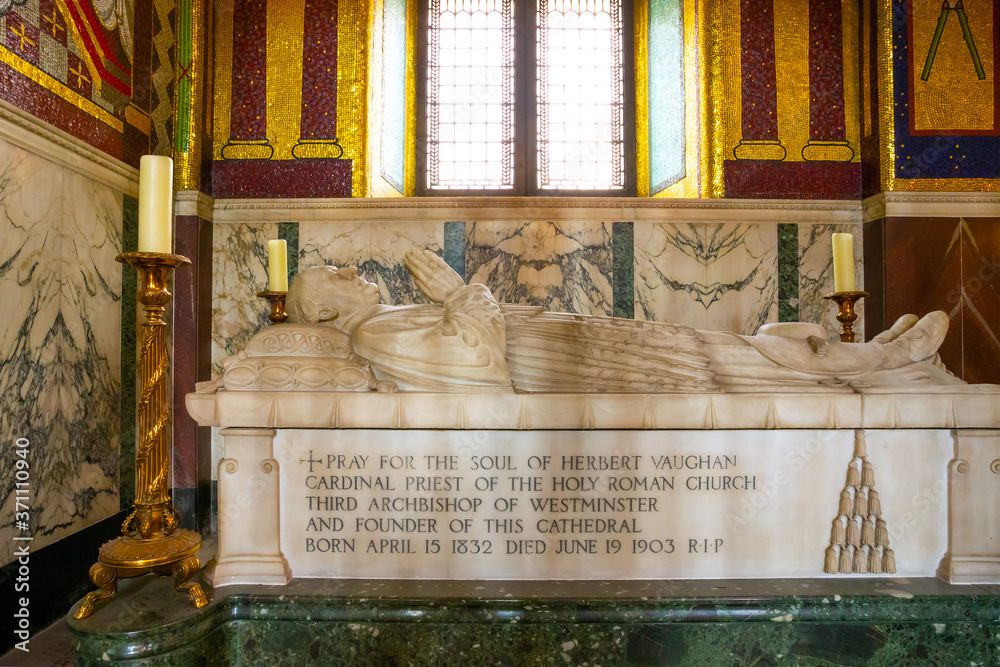 London, UK - May 13 2018: The tomb of Herbert Vaughan Cardinal priest ...