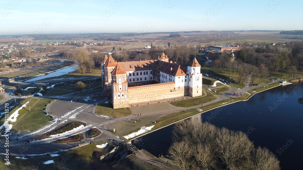 Aerial view of famous medieval Mir Castle - historical heritage of ...