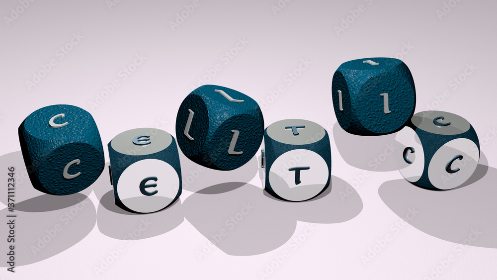 celtic text by dancing dice letters - 3D illustration for background ...
