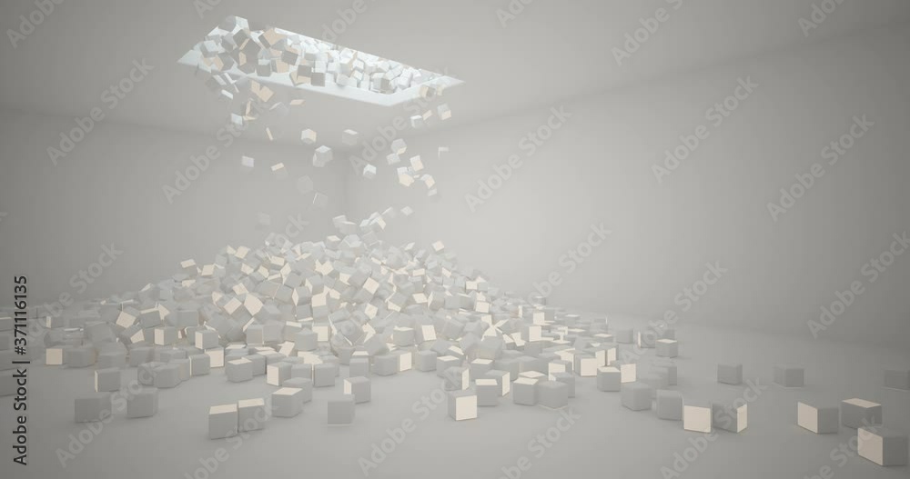 An abstract array of particles of cubes that falls from the ceiling of ...