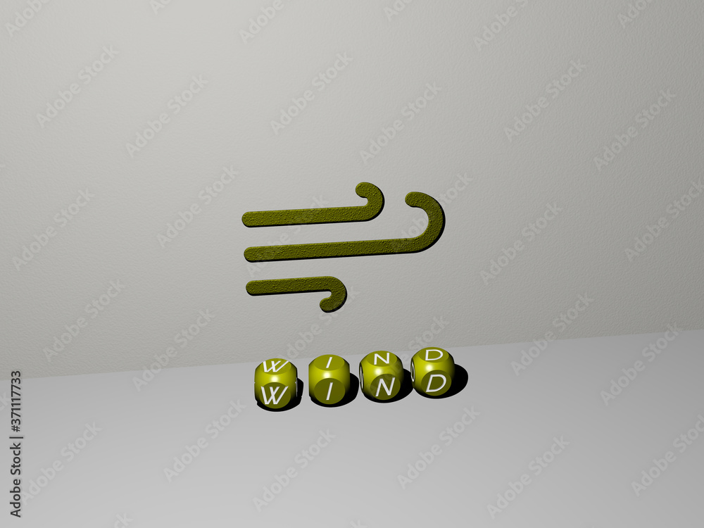 3D illustration of WIND graphics and text made by metallic dice letters ...