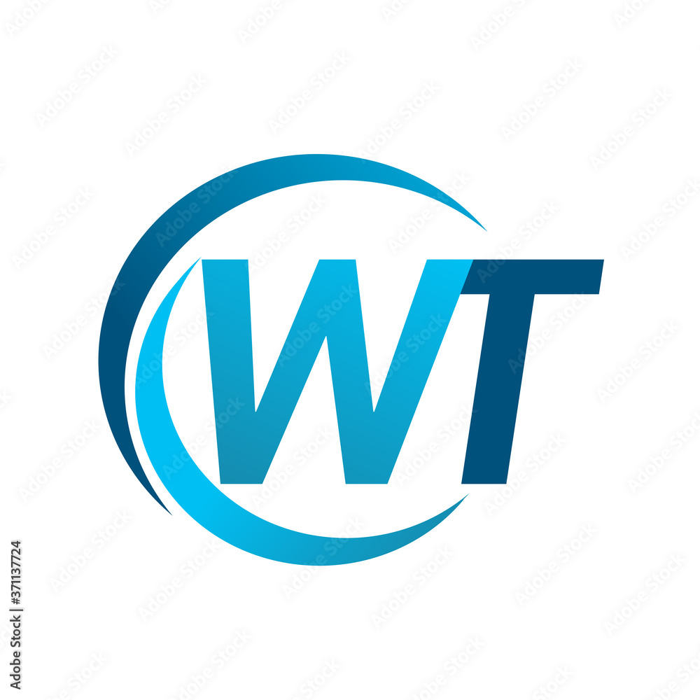 initial letter WT logotype company name blue circle and swoosh design ...