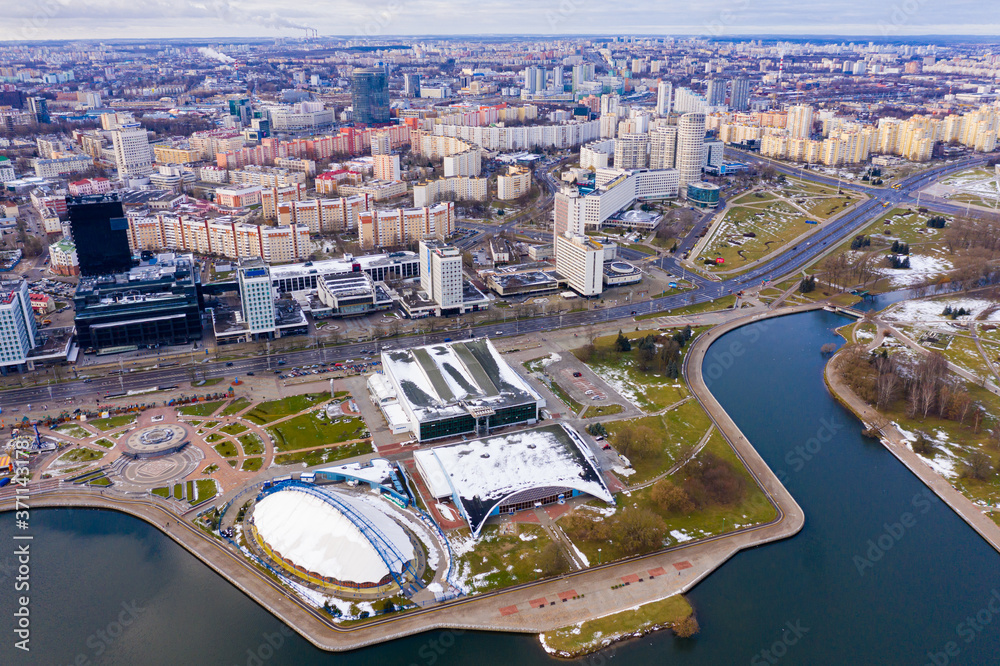 View from drone of downtown Minsk with modern residential neighborhoods ...