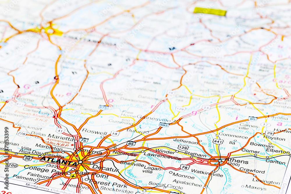 Atlanta city road map area. Closeup macro view Stock Photo | Adobe Stock