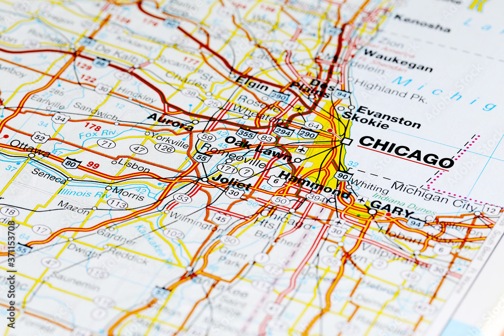 Chicago city road map area. Closeup macro view Stock Photo | Adobe Stock