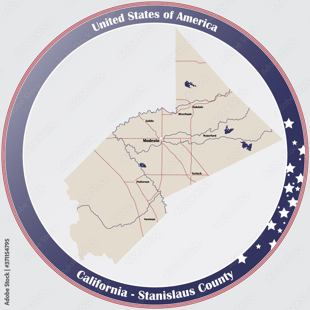 Round button with detailed map of Stanislaus County in California, USA ...