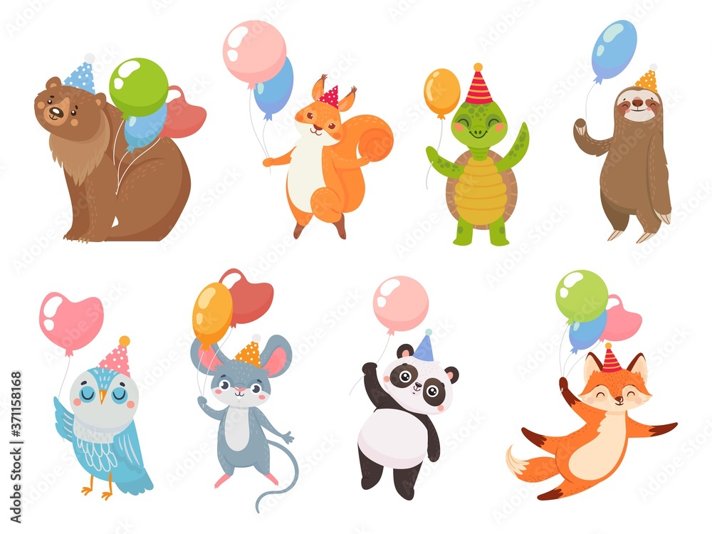 Animals with balloons. Animal greeting party with air balloons, bear ...