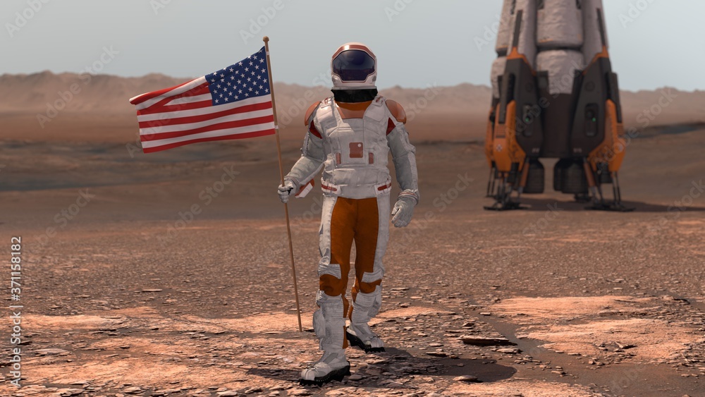 Astronaut walking on Mars with American flag. Exploring Mission To Mars ...