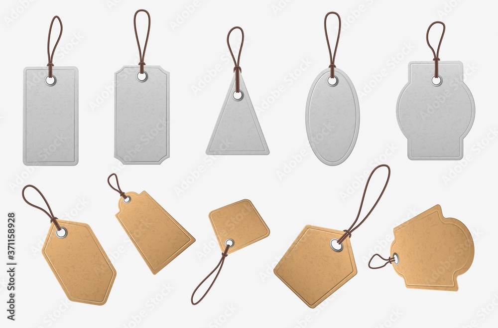 Paper price tags. Realistic blank cardboard labels with ropes, vintage ...