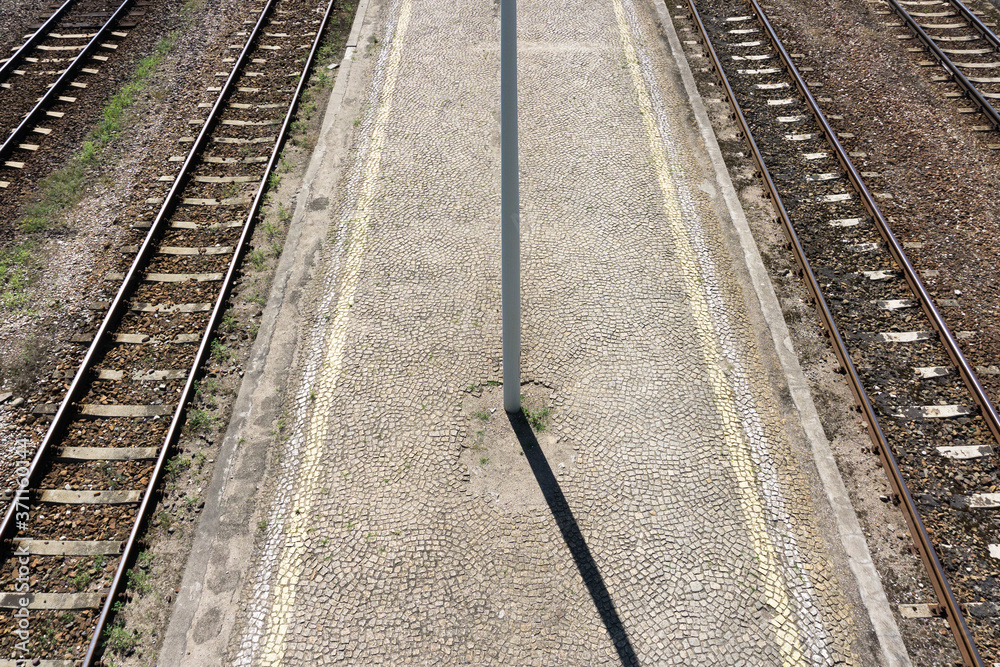 Railway top view background. Train transport industry. Rail track ...