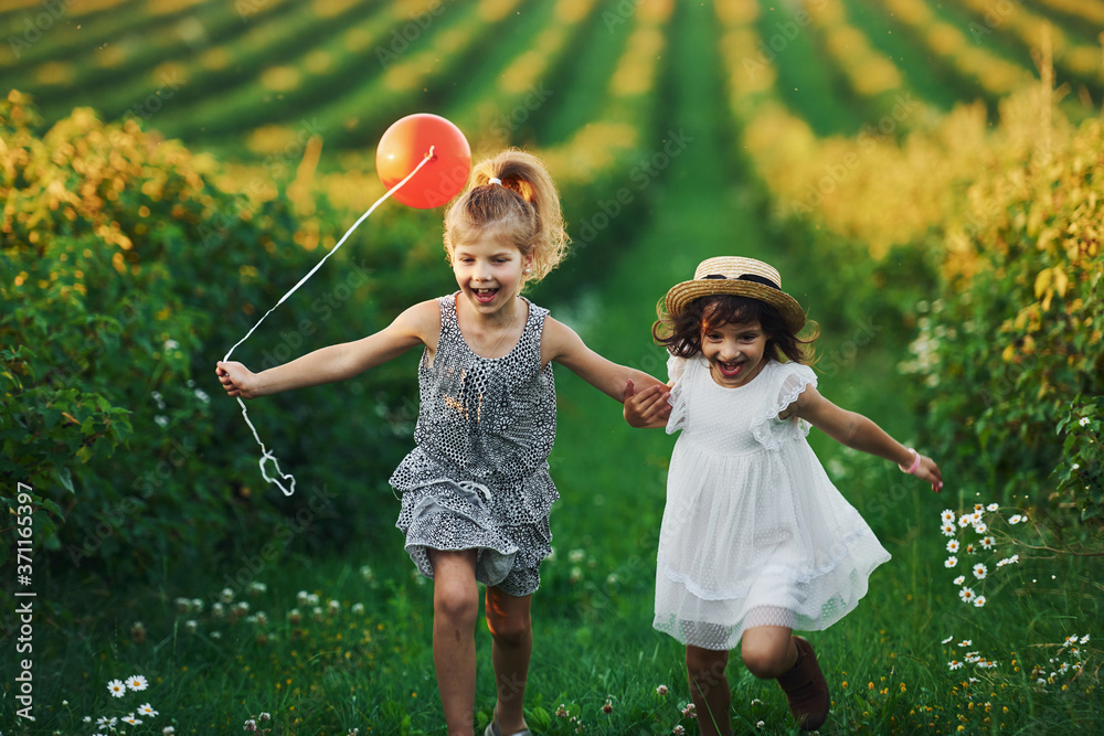 Two little girls with red balloon running together on the field at ...