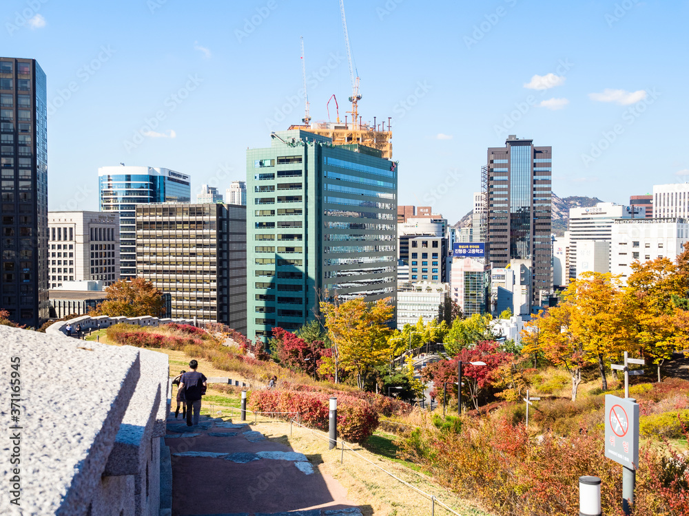 SEOUL, SOUTH KOREA, NOVEMBER 4, 2019: path to modern buildings in Jung ...