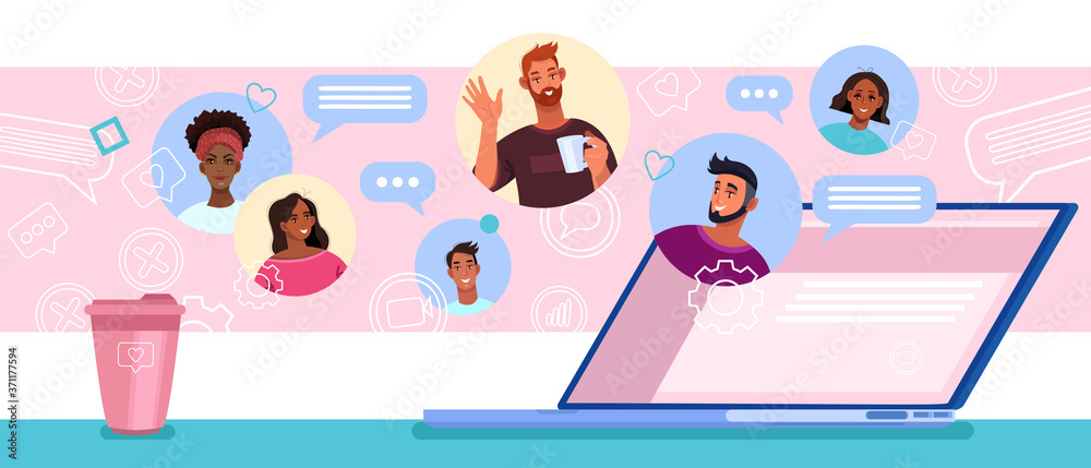 Video conference and group chat vector illustration with diverse ...