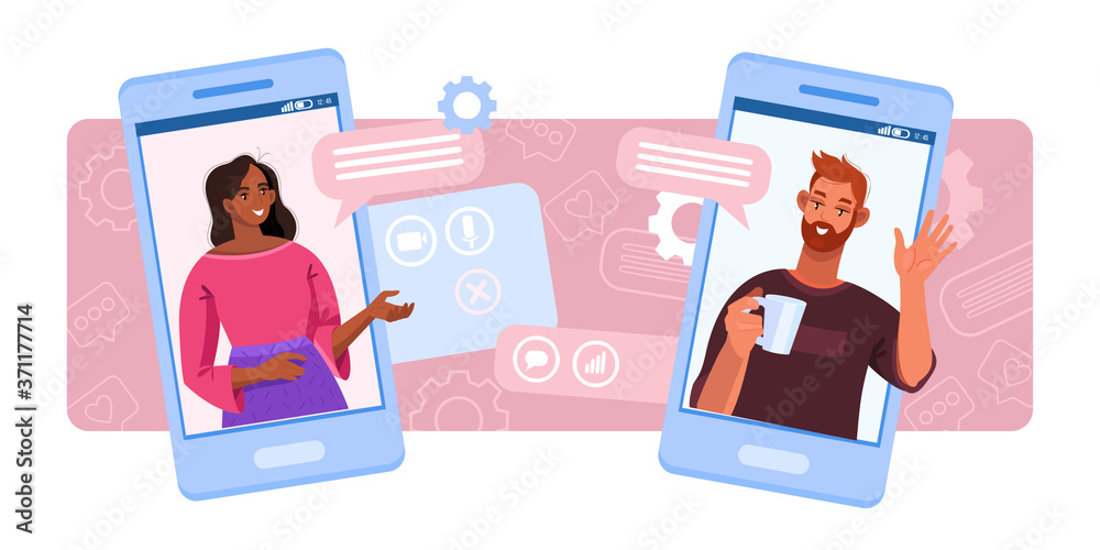 Video call illustration with multinational couple, smartphone screens ...