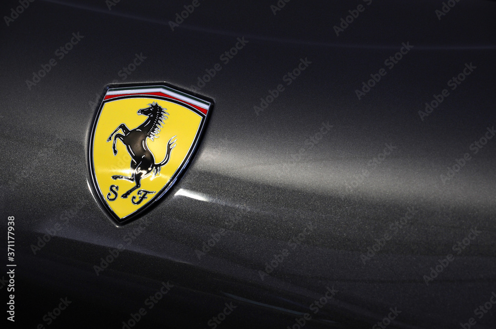 Ferrari Logo on Sport Car in the Paddock of Mugello Circuit. Ferrari S ...