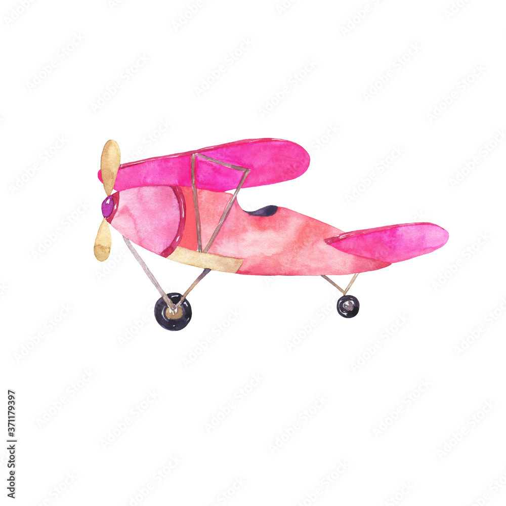 Cute pink airplane isolated on white background. Hand drawn watercolor ...