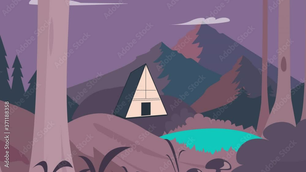 House drawn illustration in the forest with mountains behind, forest ...