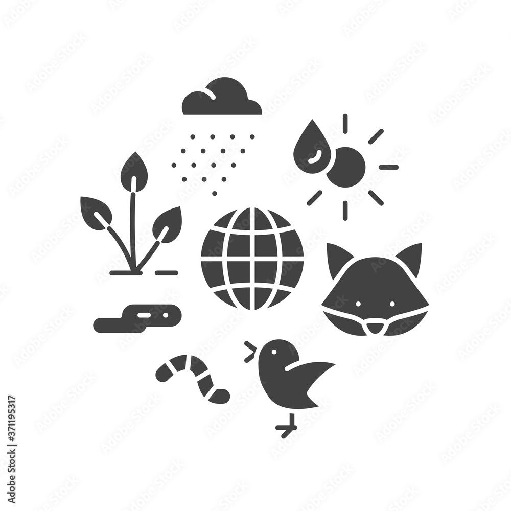 Ecosystem black glyph icon. Sustainable biodiversity and animal ...