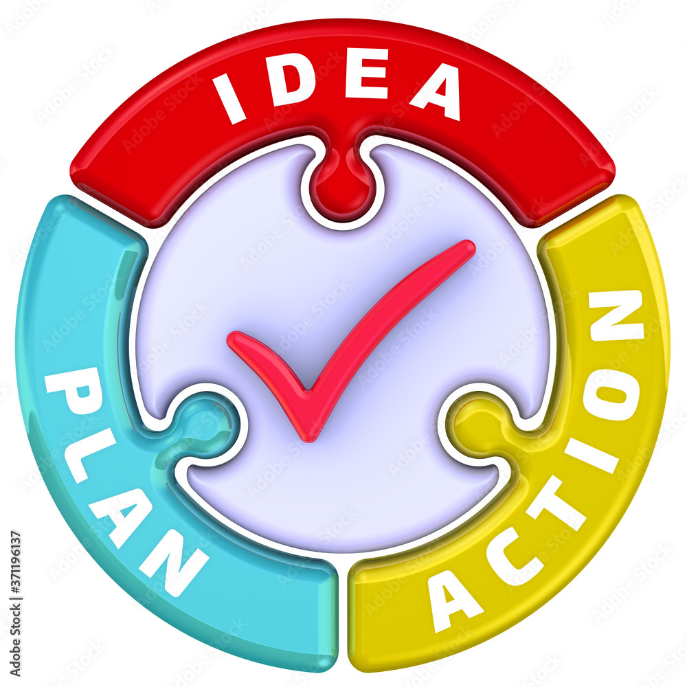 Idea, plan, action. The check mark in the form of a puzzle. The words ...