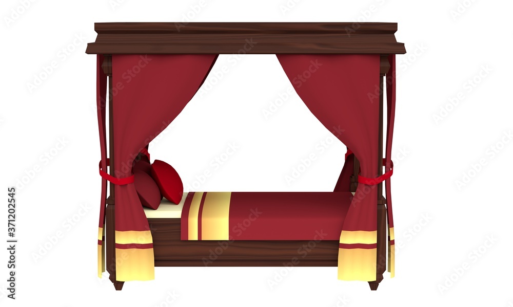 Medieval royal wooden bed with red curtains on a white background. Side ...