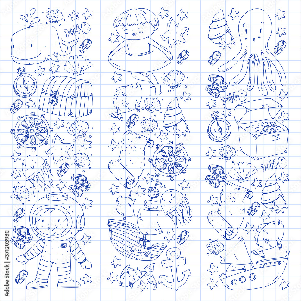 Vector icons of sea ocean adventure for little children. Nautical ...