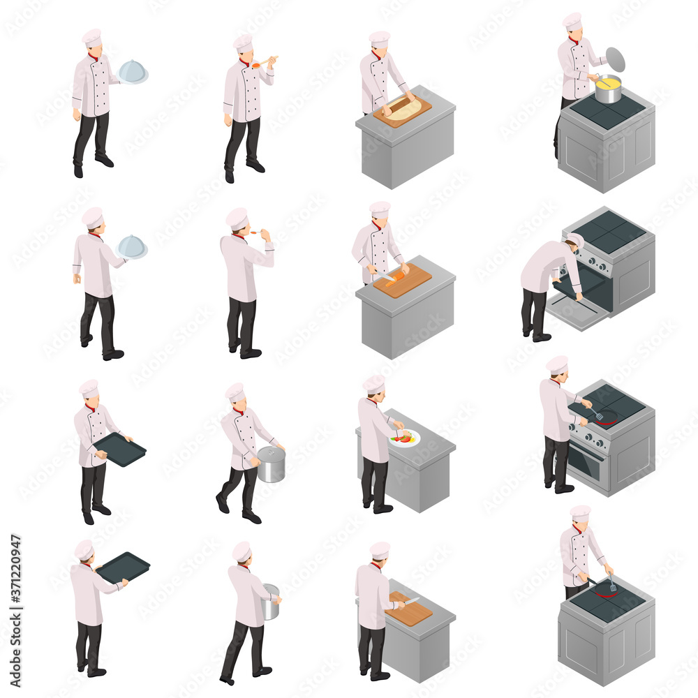 Isometric male chef isolated on white. Chef in uniform cooking in a ...
