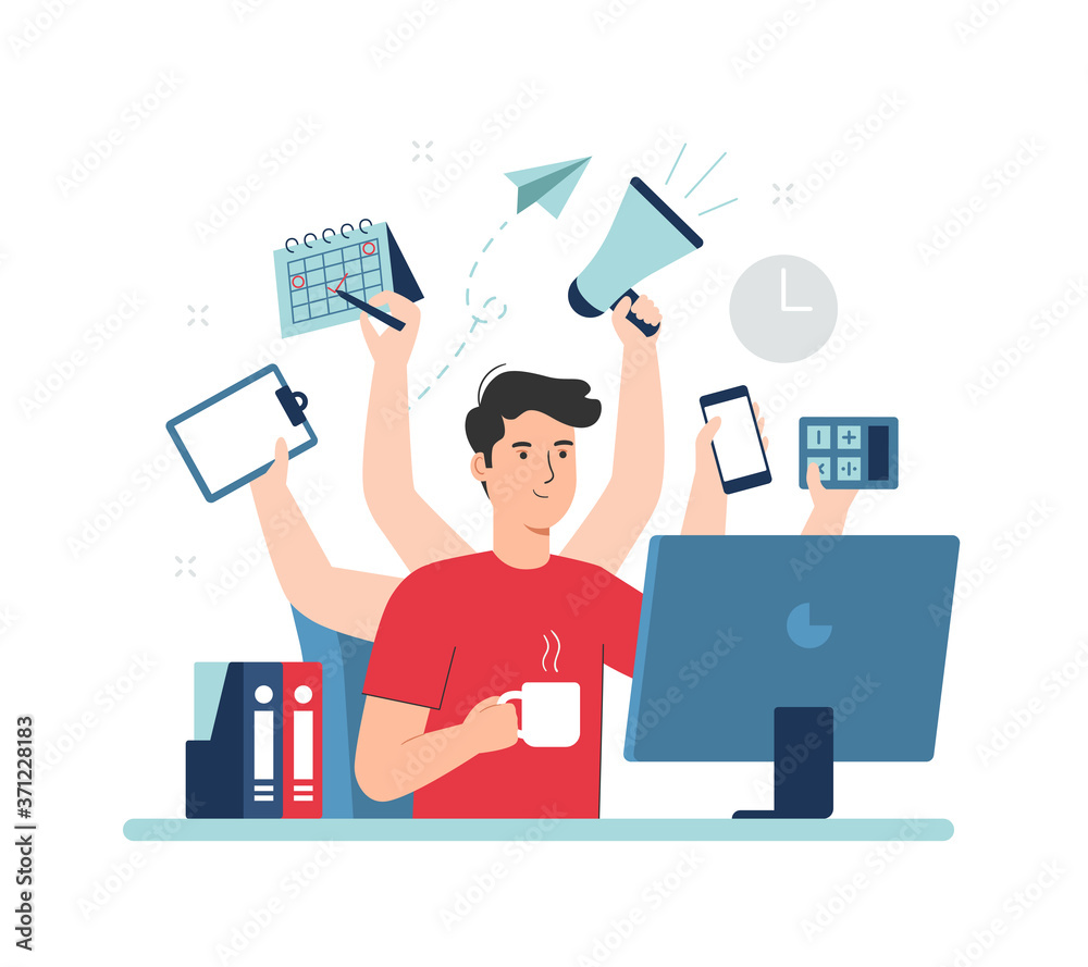 Multitasking concept. Busy man with many hands doing several actions at ...