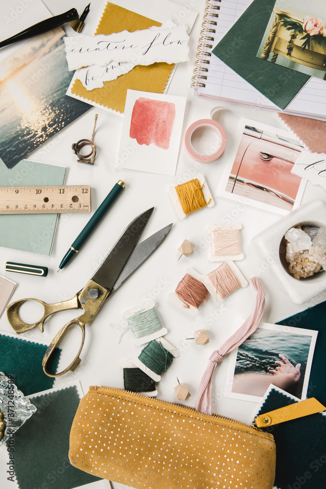 Desktop surface of inspiring objects and tools for creating Stock Photo ...