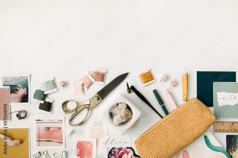 Desktop surface of inspiring objects and tools for creating Stock Photo ...