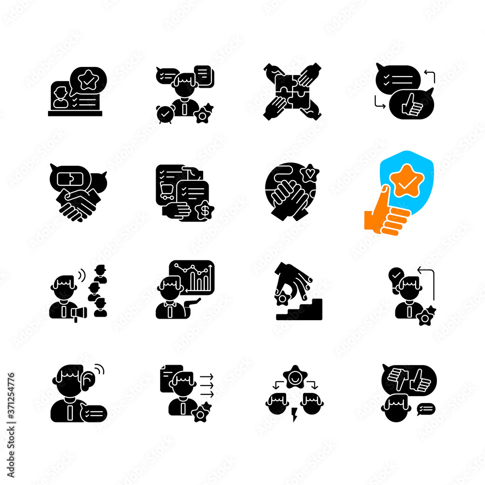 Communication skills black glyph icons set on white space. Different ...