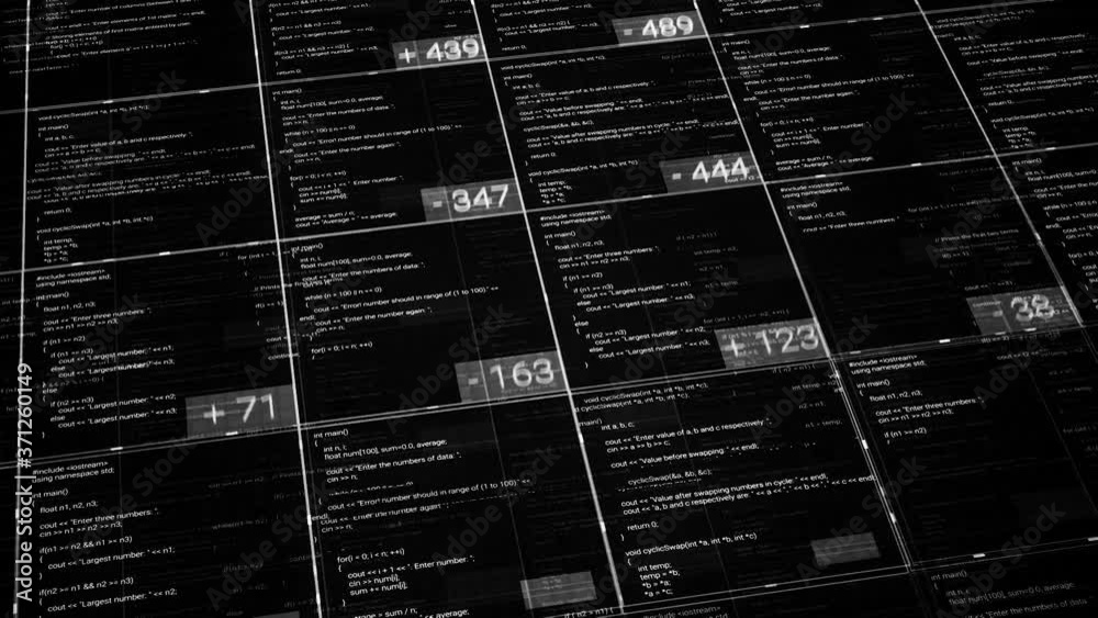 Computer codes in cells with numbers on black background. Animation ...