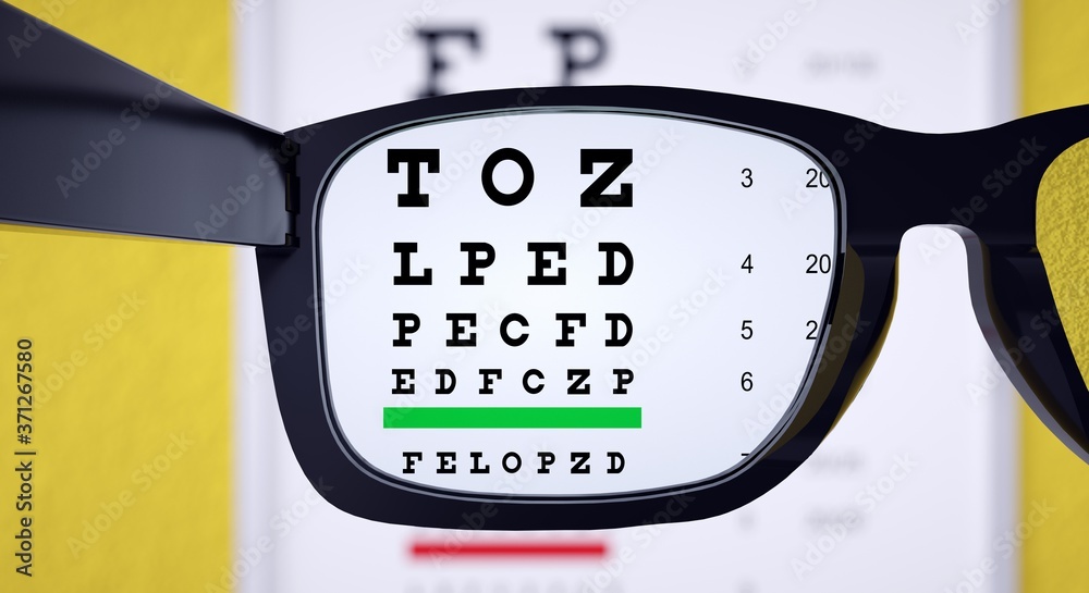 Snellen test with glasses. Blurry vision. Stock Photo | Adobe Stock
