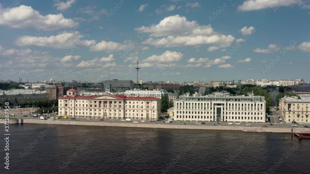 Drone shot of Saint Petersburg city centre, car traffic near Neva river ...
