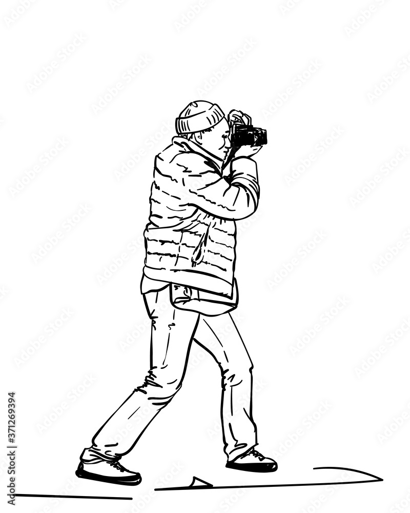 Drawing of man with photo camera, Photographer taking photo, Vector ...