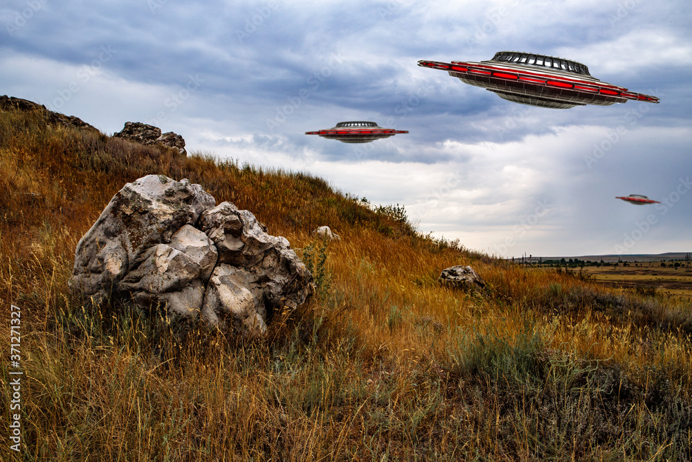 landscape with unidentified flying saucers. 3d model of a ufo in the ...
